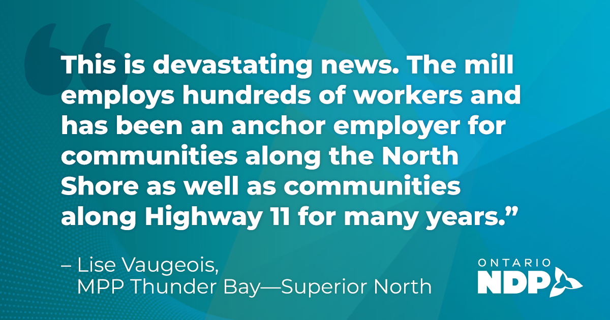 Vaugeois calls for support to end AV Terrace Bay Kraft Pulp Mill ...